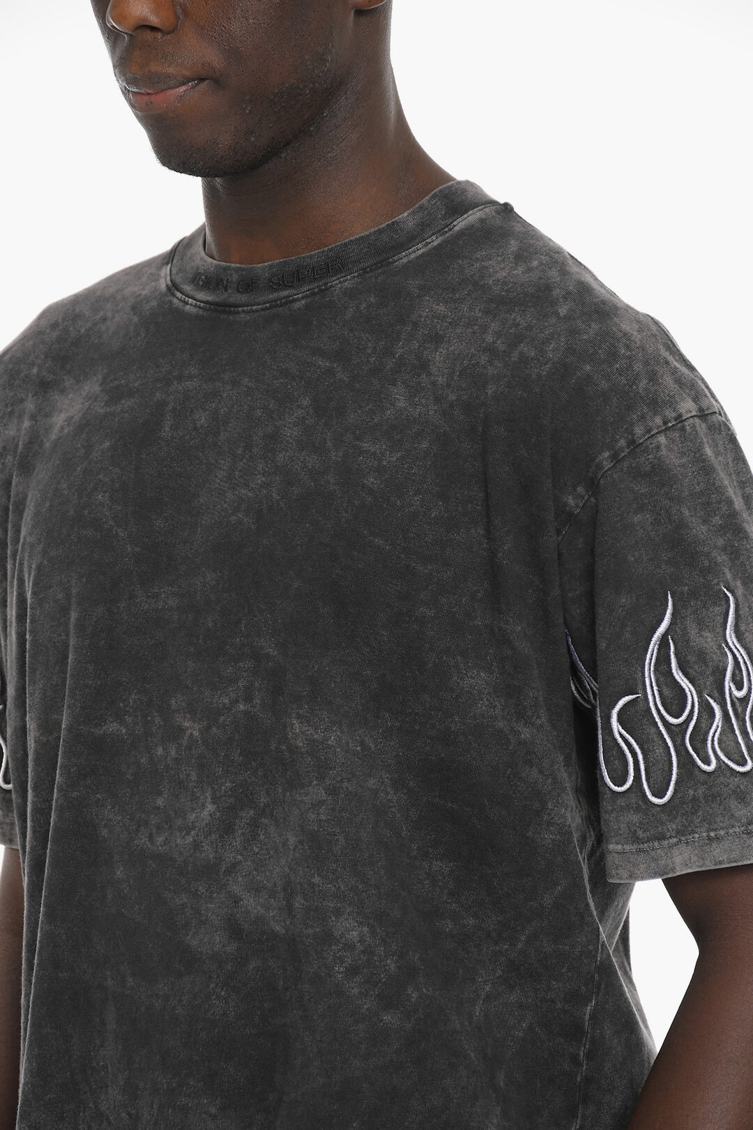 Vision Of Super Acid-Wash Effect Crew-neck T-Shirt with Flames ...