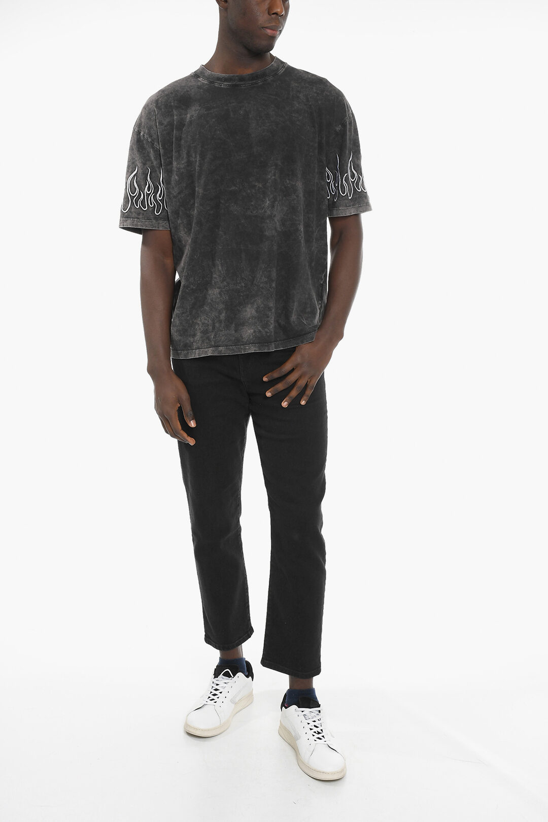 Vision Of Super Acid-Wash Effect Crew-neck T-Shirt with Flames ...