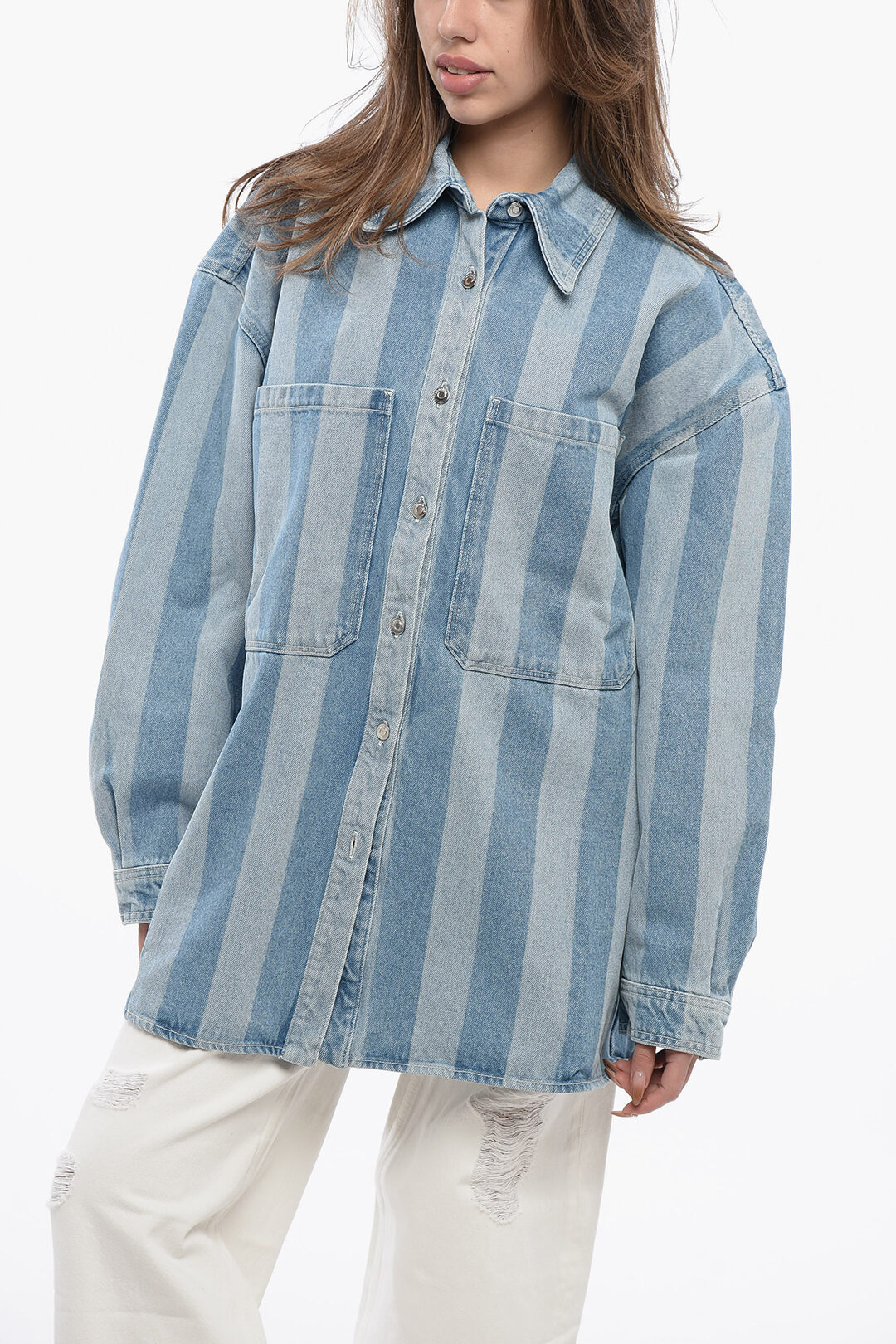 Nanushka Awning Striped Denim BEAUX Overshirt with Logo Buttons women ...