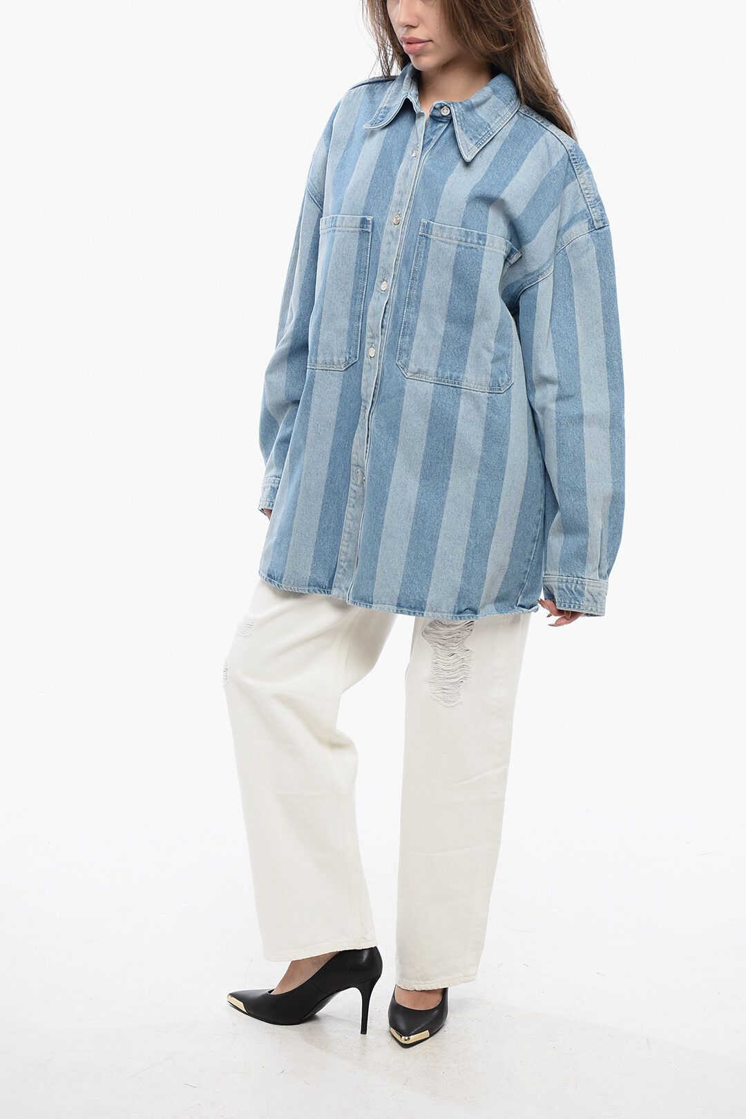 Nanushka Awning Striped Denim BEAUX Overshirt with Logo Buttons women ...