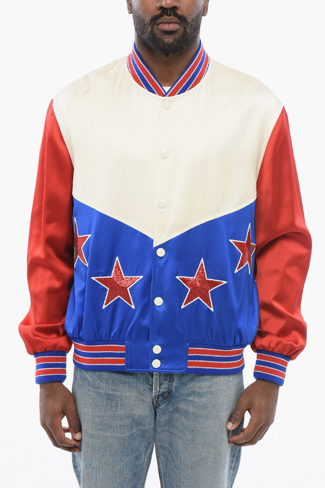 Celine Color Block STARS Satin Bomber Jacket with Sequined Details men ...
