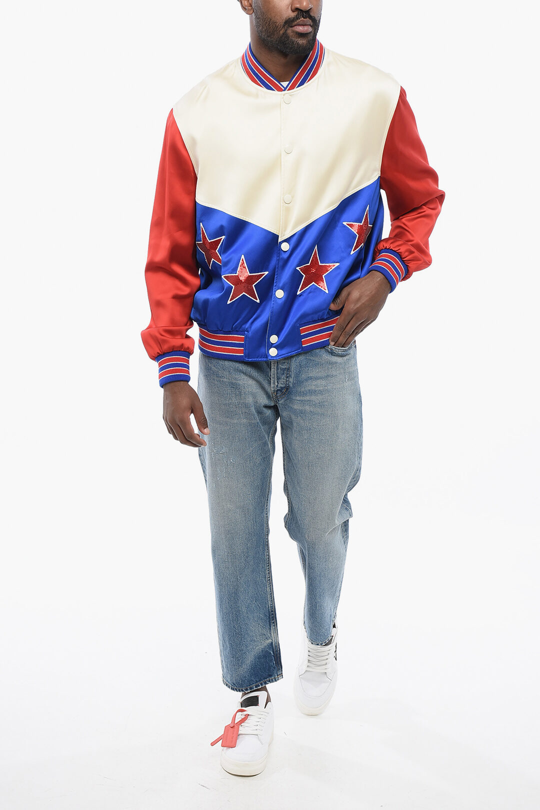 Celine Color Block STARS Satin Bomber Jacket with Sequined Details men ...