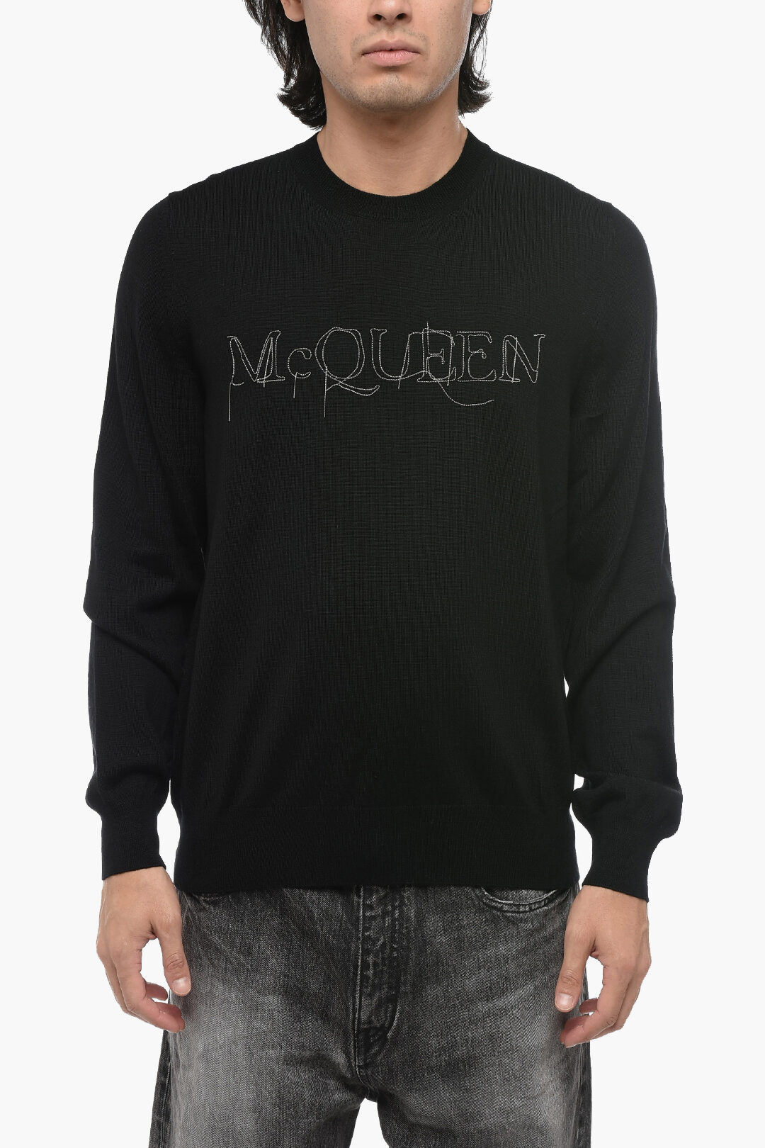 Alexander McQueen Crew Neck Wool Sweater with Metallic Logo men ...