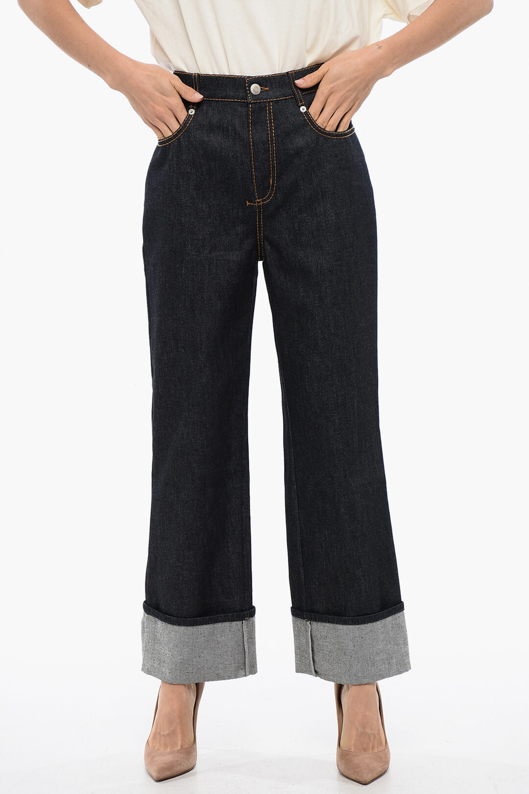 Alexander McQueen Cuffed Hem Jeans with Visible Stitching 22.5cm women ...