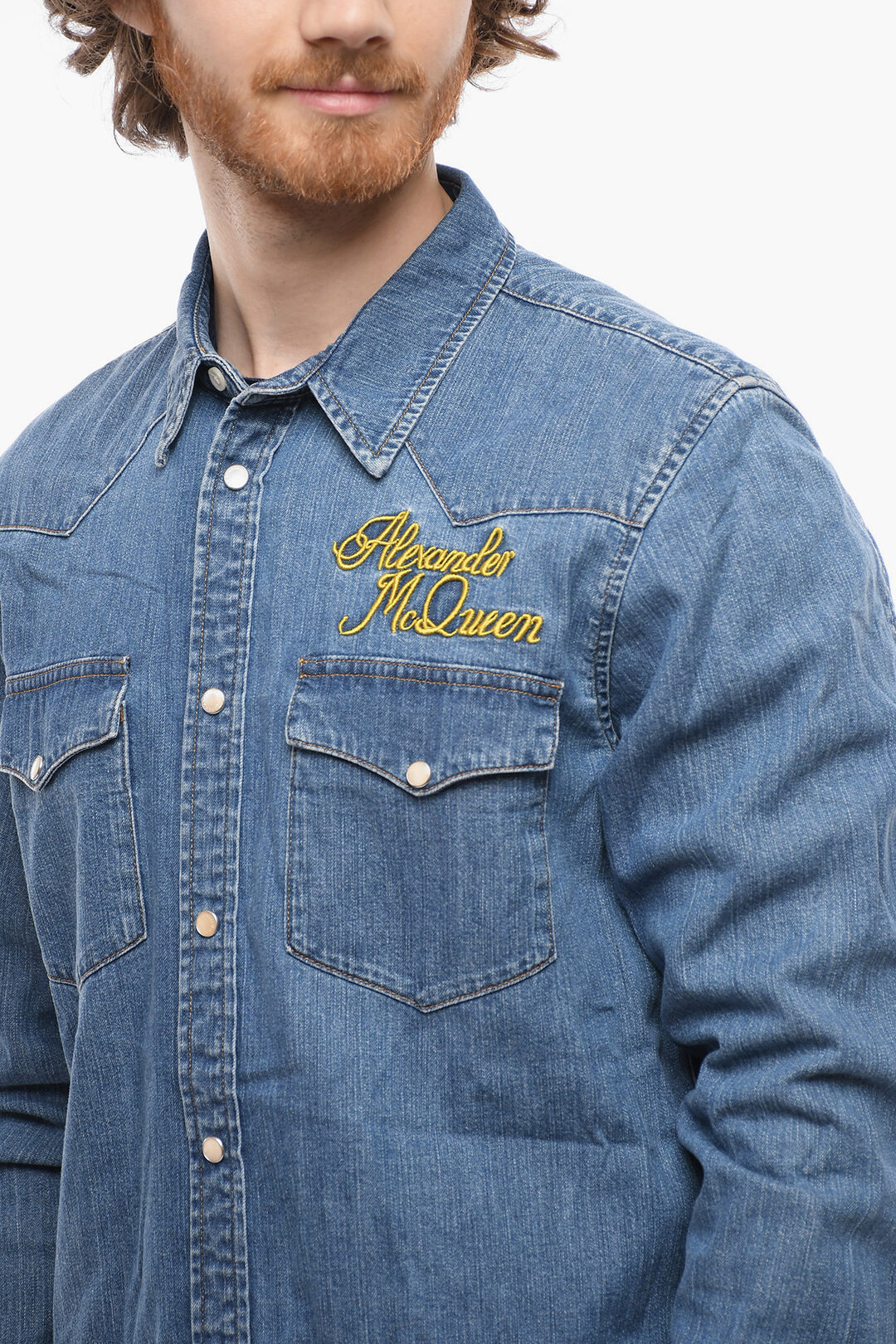 Alexander McQueen Denim Saharan Shirt with Embroidered Logo men ...