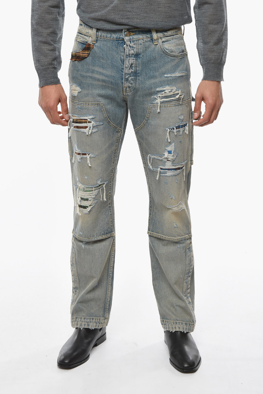 Amiri Distressed CARPENTER Denims with Plaid-checkered Flannel Patches ...