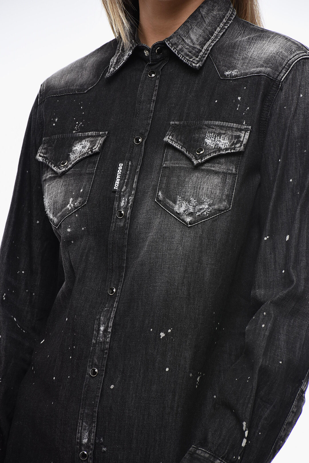 Dsquared2 Distressed Denim Shirt with Paint Splatter Motif women ...