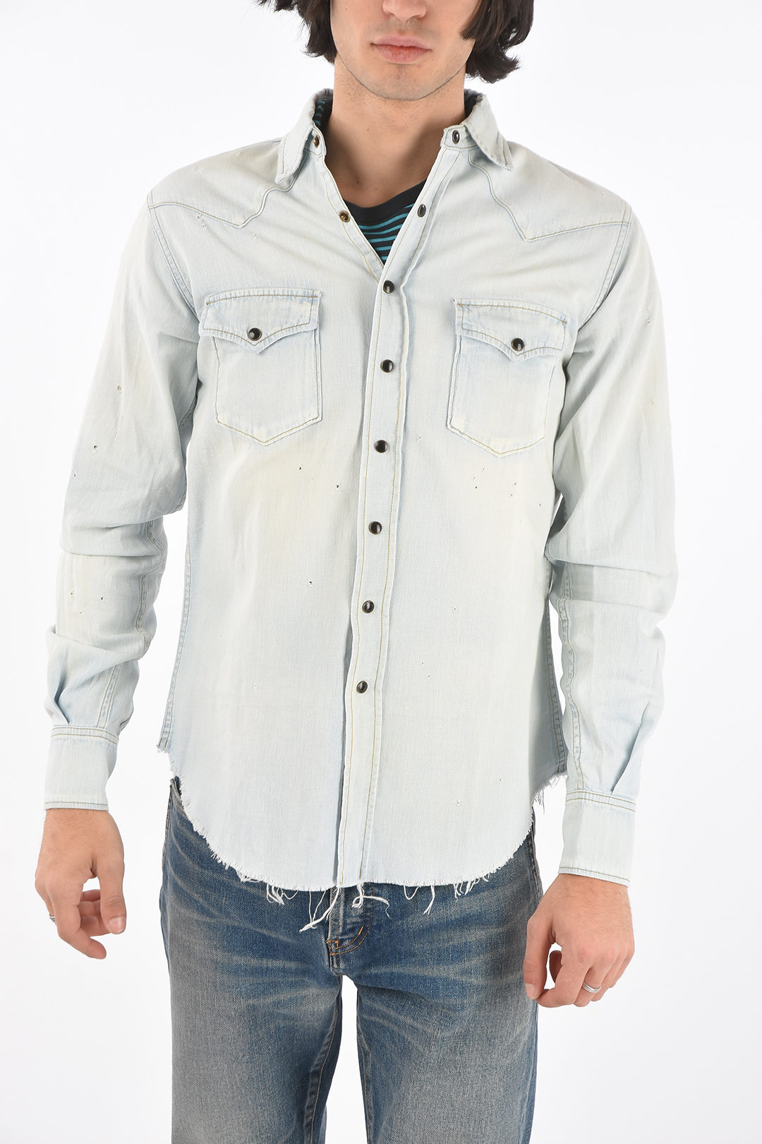 Saint Laurent Distressed Edge Saharan Denim Shirt men - Glamood Outlet