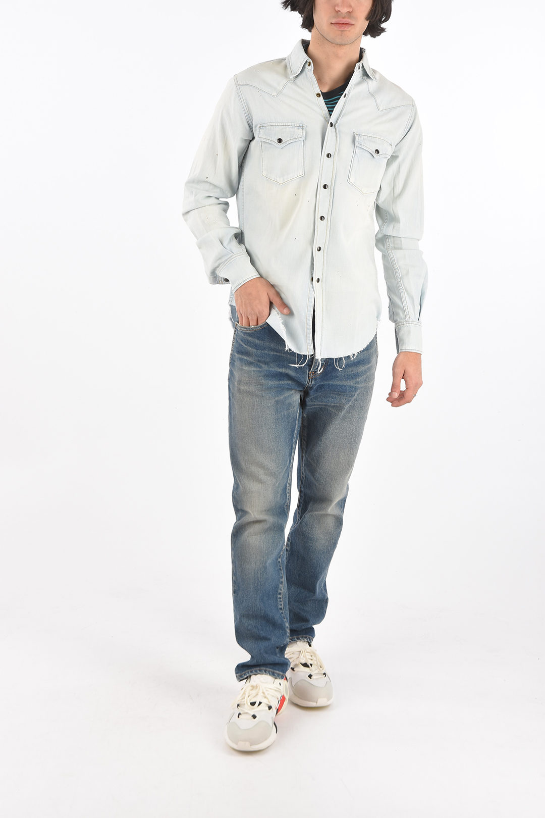 Saint Laurent Distressed Edge Saharan Denim Shirt men - Glamood Outlet