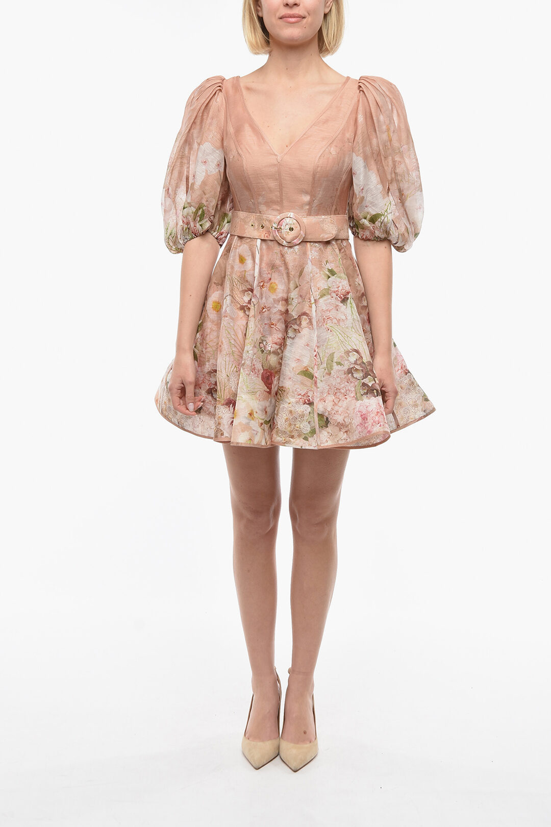 Zimmermann Floral-Motif DANCER Mini Dress With Puff-Sleeve and Belt ...