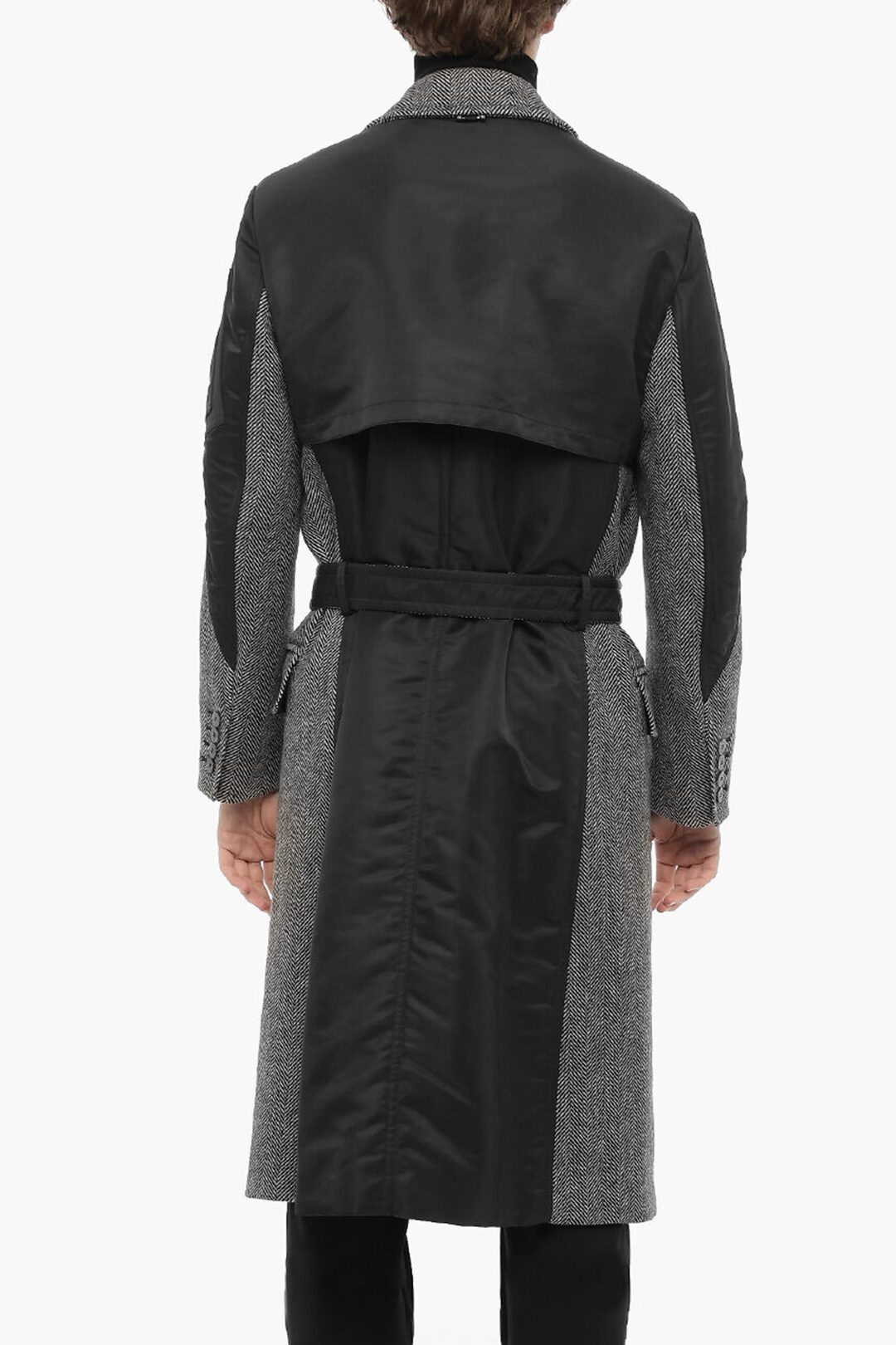 Neil Barrett Herringbone Motif Virgin Wool Double Breast Coat With Belt ...