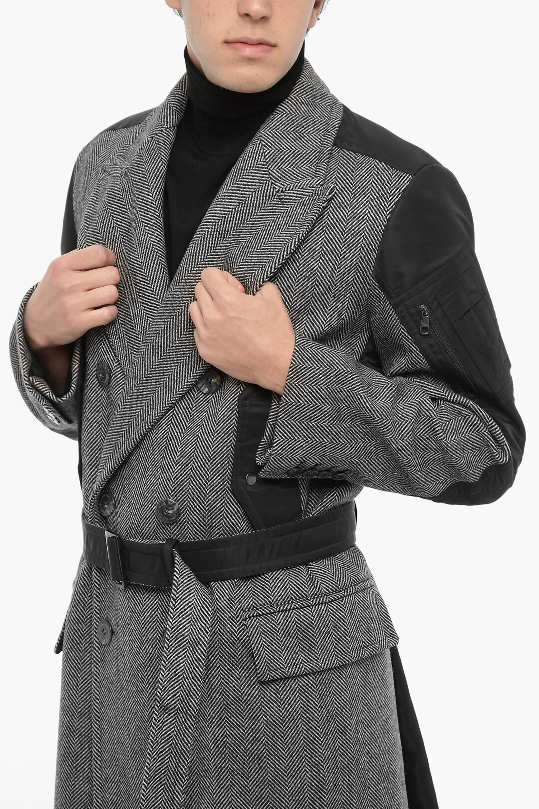 Neil Barrett Herringbone Motif Virgin Wool Double Breast Coat With Belt ...