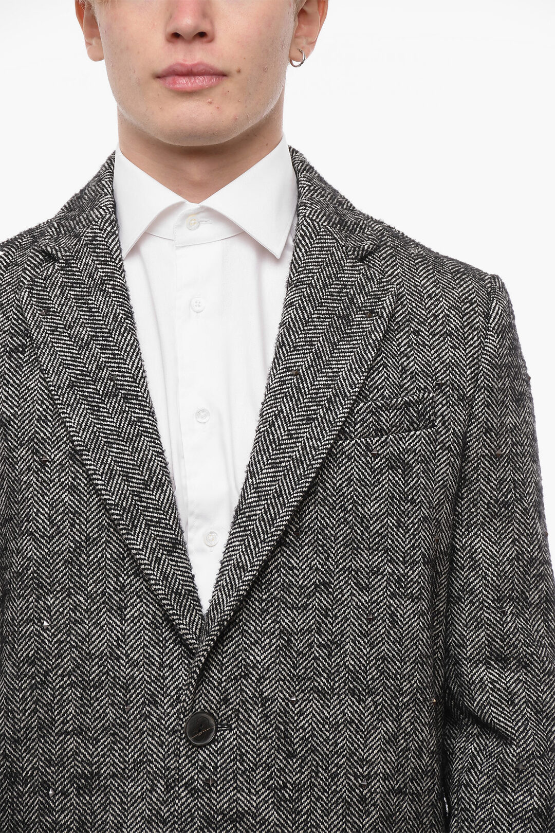 Valentino Herringbone Single-Breasted Coat with Studs men - Glamood Outlet