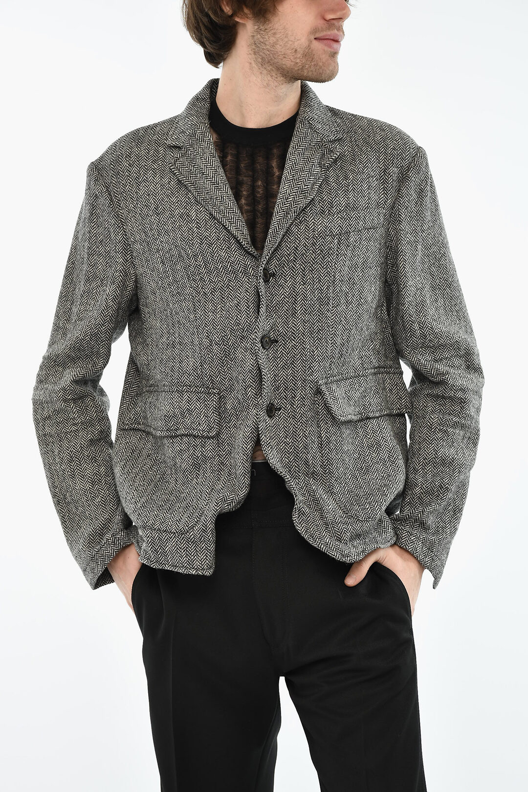Dsquared2 Herringbone Wool 3 Buttons Blazer with Faux Leather Patch ...