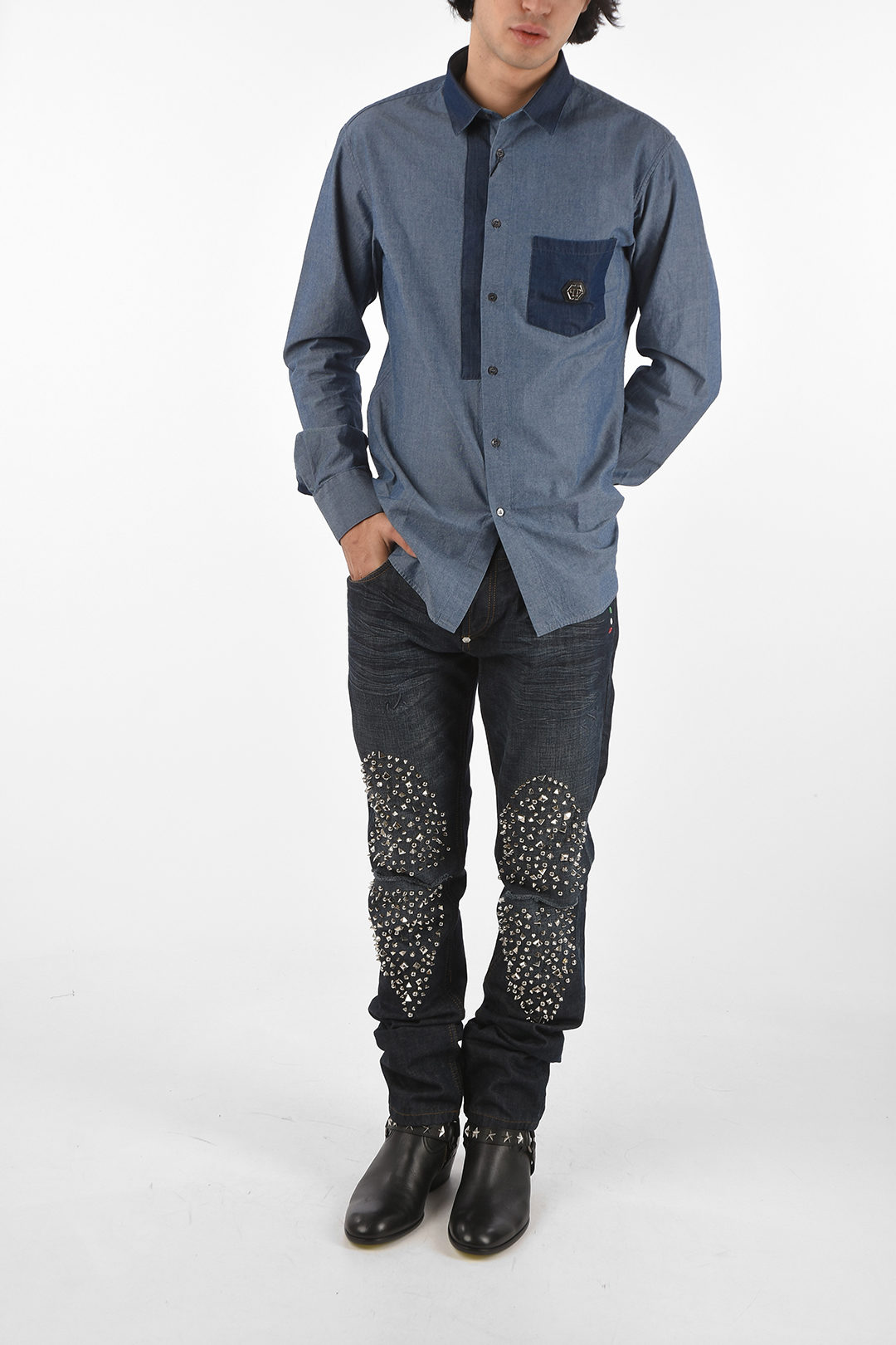 Philipp Plein HOMME denim LS LEONARD shirt with breast pocket men ...