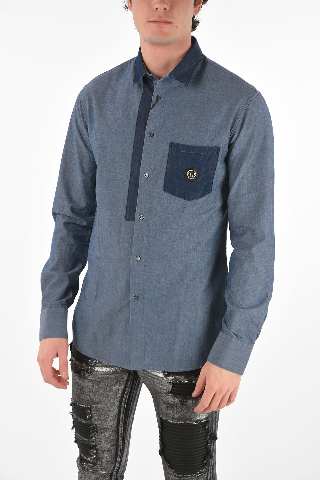 Philipp Plein HOMME denim LS LEONARD shirt with breast pocket men ...