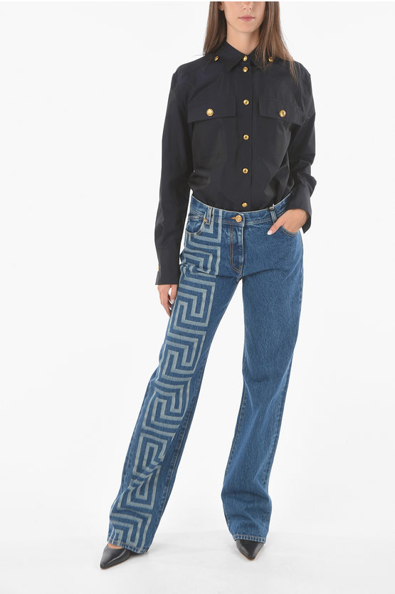 Versace Iconic Greek Printed Denim Flared Jeans with MEDUSA Detail ...