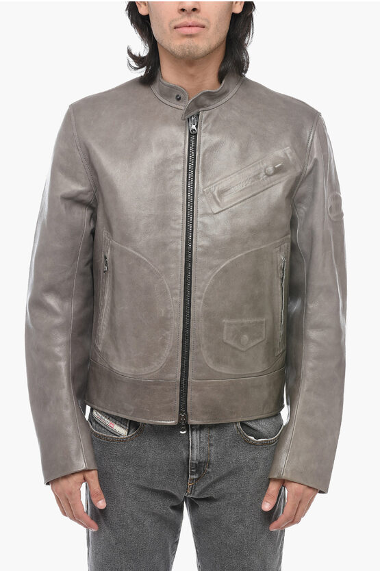 Diesel Zip-up Leather Jacket In Grey | ModeSens