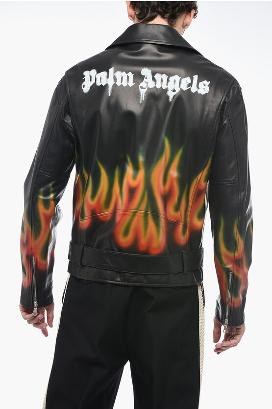 Palm Angels Leather BURNING Biker Jacket with Flames Motif men - Glamood Outlet