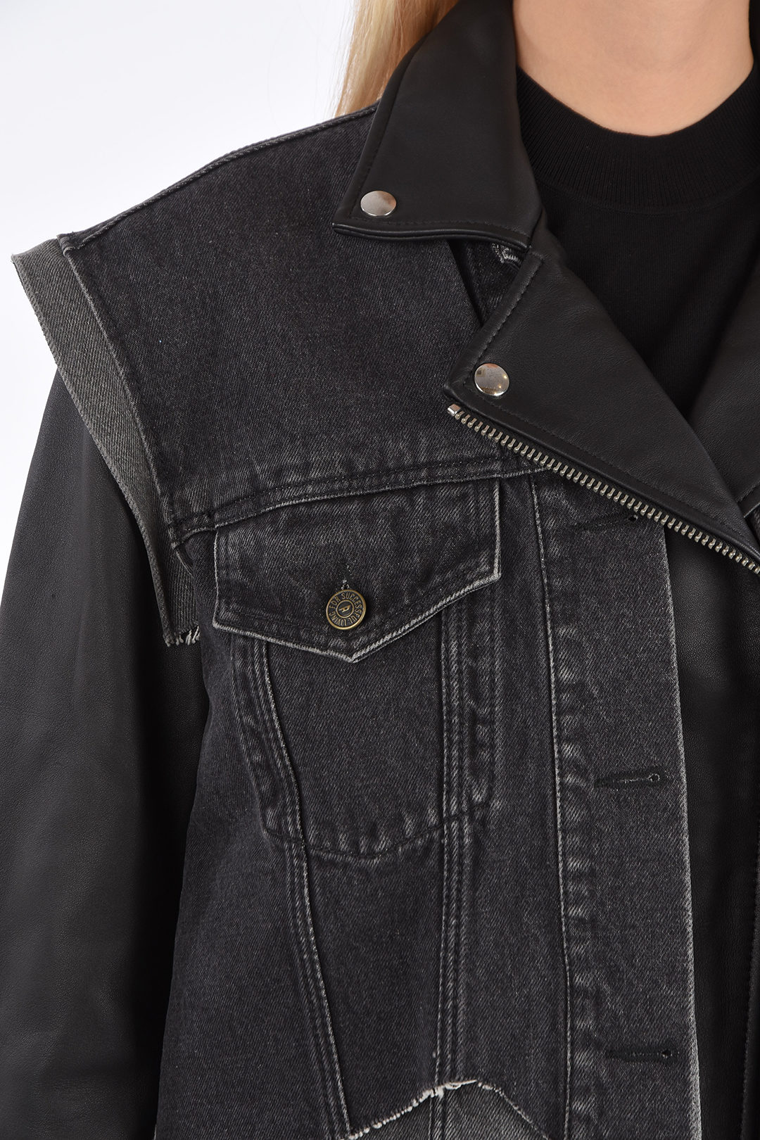 Diesel leather L-KELLY jacket with denim details women - Glamood Outlet