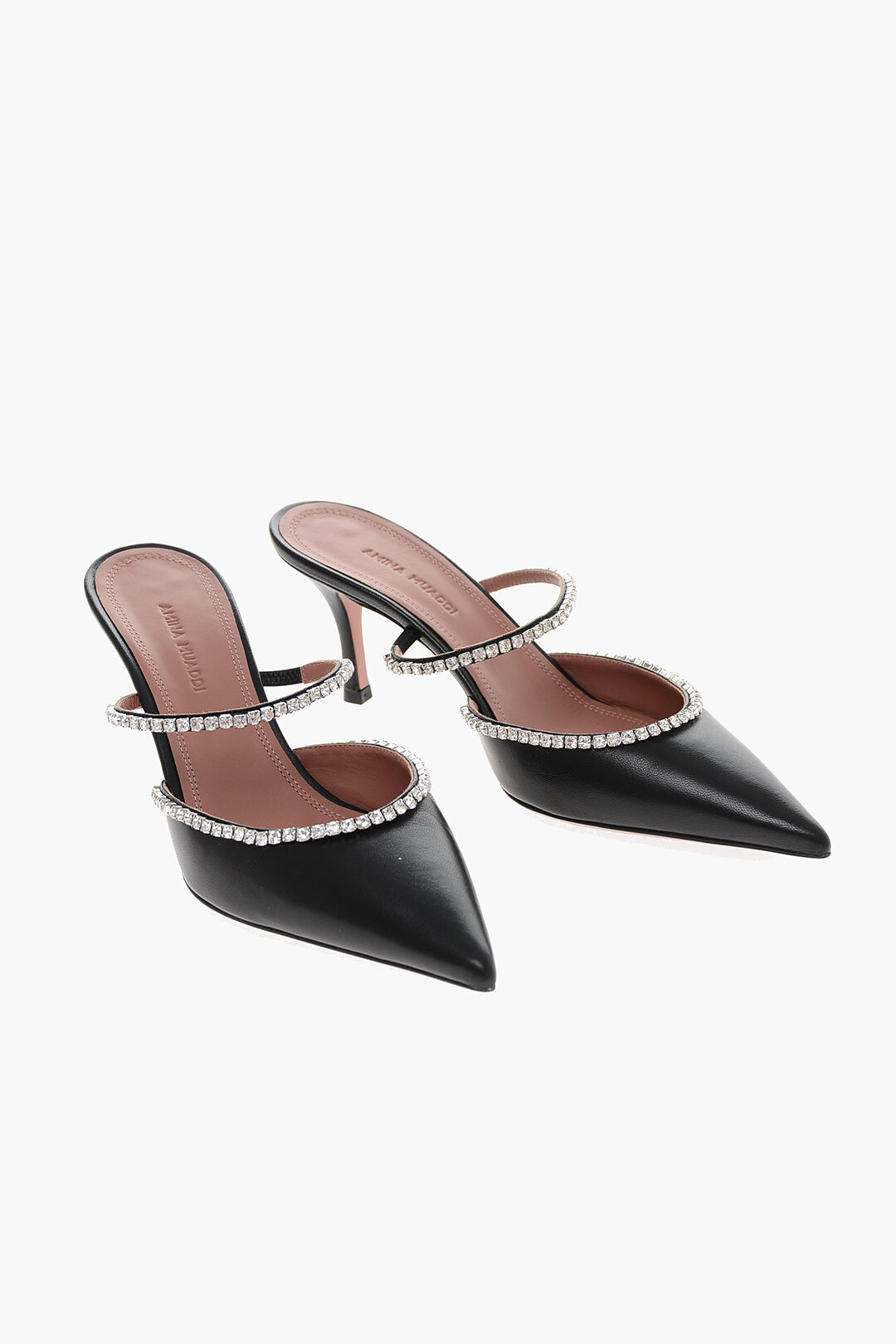 Amina Muaddi Leather Point Toe GILDA Mules with Rhinestone Detail 8cm ...