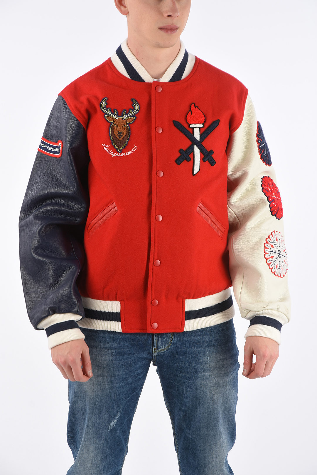 Opening Ceremony Leather Sleeve NORWAY Varsity Bomber men - Glamood Outlet