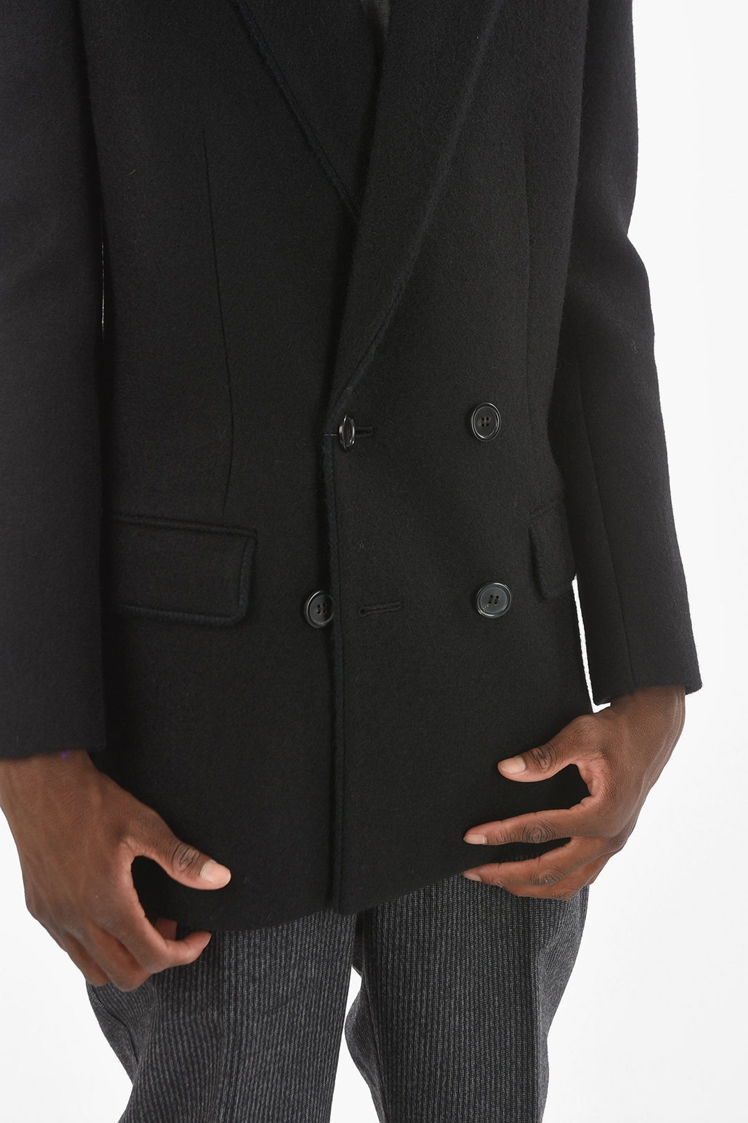 Saint Laurent Lined Double Breasted Wool Blend Coat With Flap Pockets ...