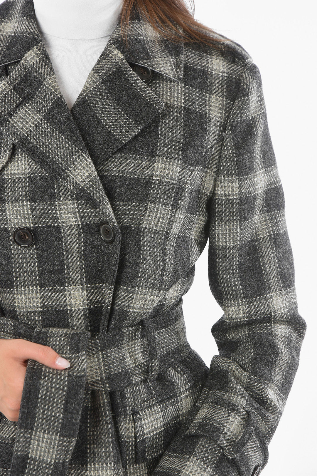 Thom Browne Madras Checkered Wool Double-breasted Coat with Tricolor Belt women - Glamood Outlet