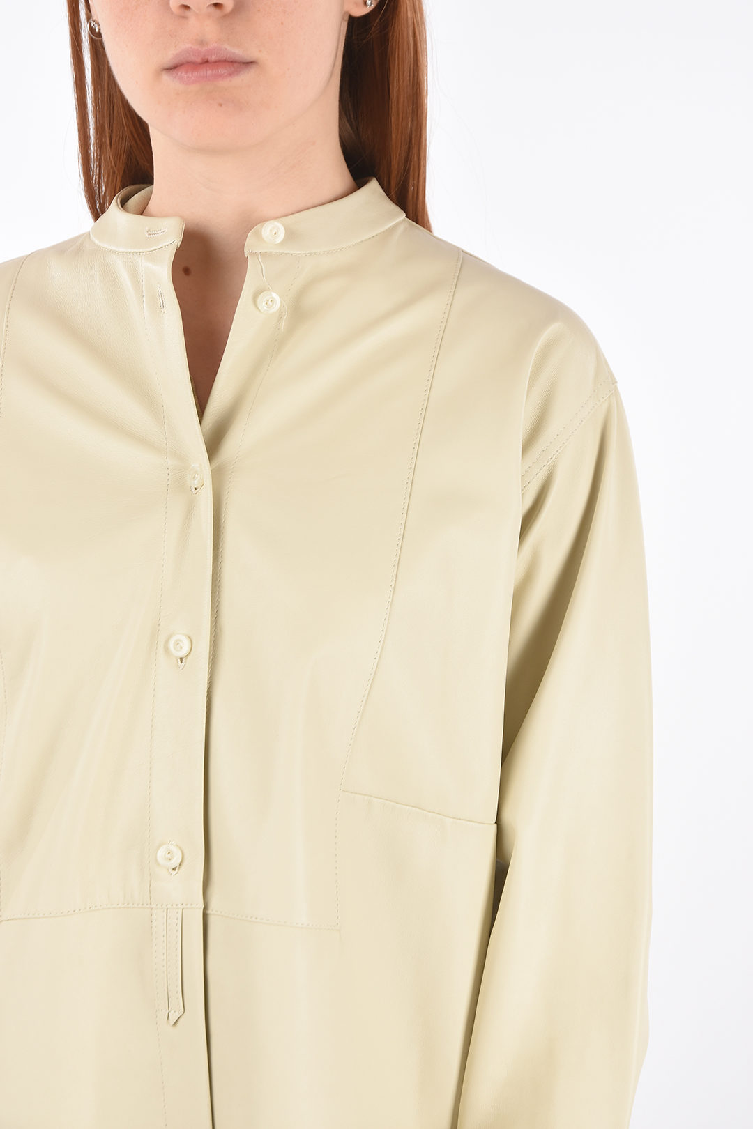 DROMe Mandarin Collar Side Split Leather Shirt women - Glamood Outlet
