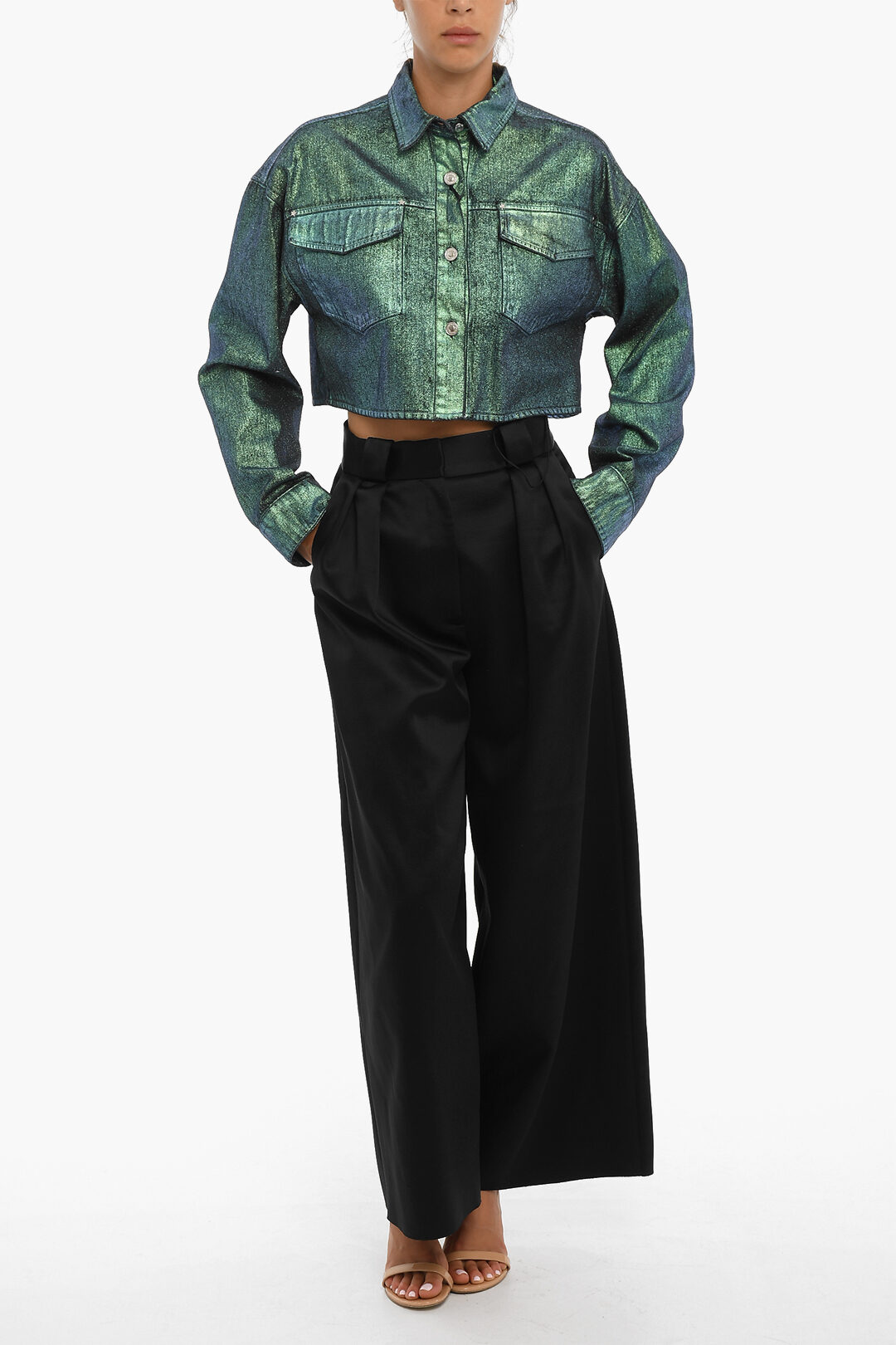 MSGM Metallic Effect Cropped Denim Jacket women - Glamood Outlet