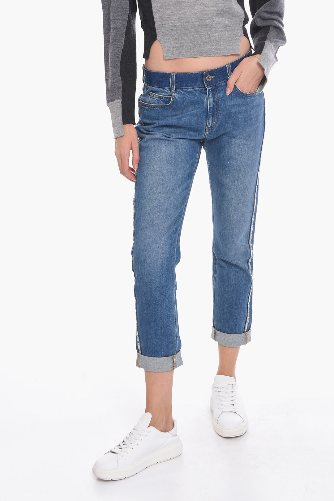 Stella McCartney Mid-washed Cropped Denims with Logoed Side Bands 17cm ...
