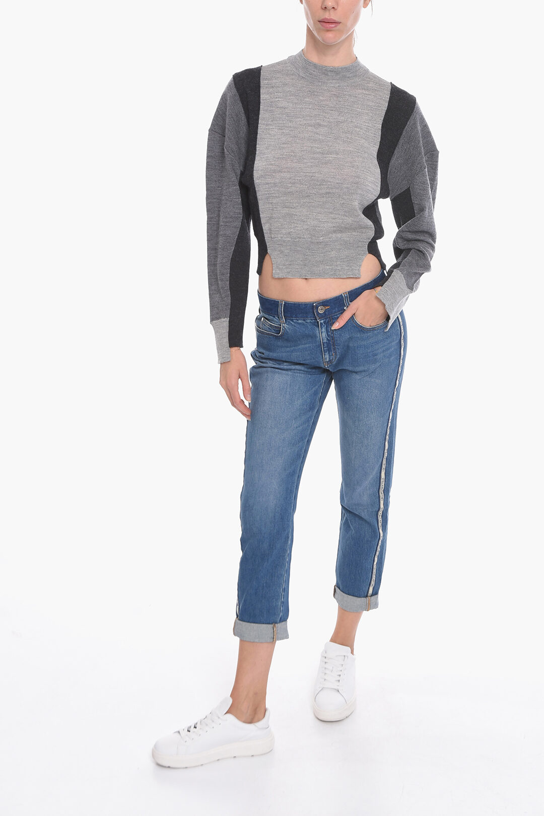 Stella McCartney Mid-washed Cropped Denims with Logoed Side Bands 17cm ...