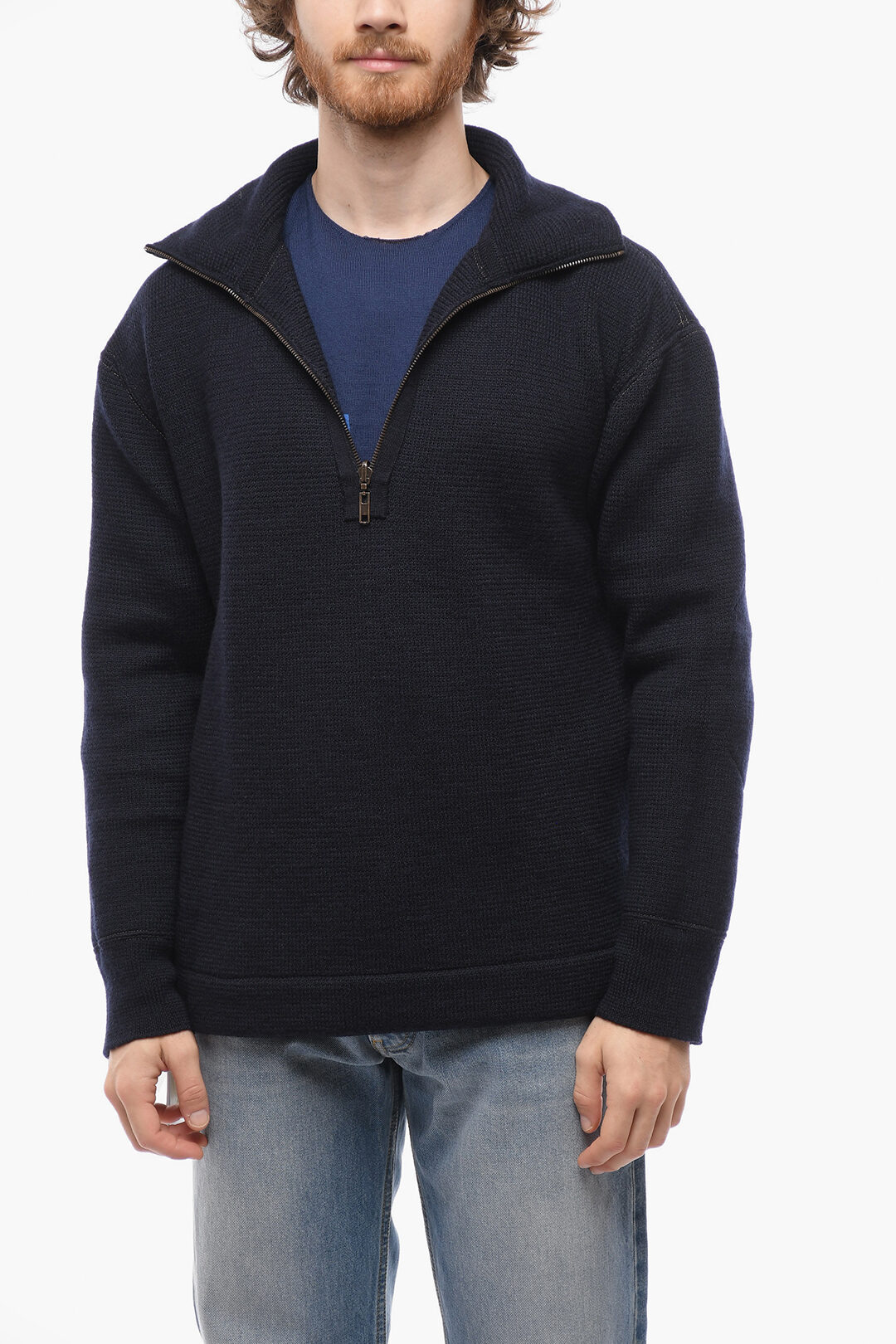 Maison Margiela Mock Neck Reversible Sweater with Denim Patches men ...
