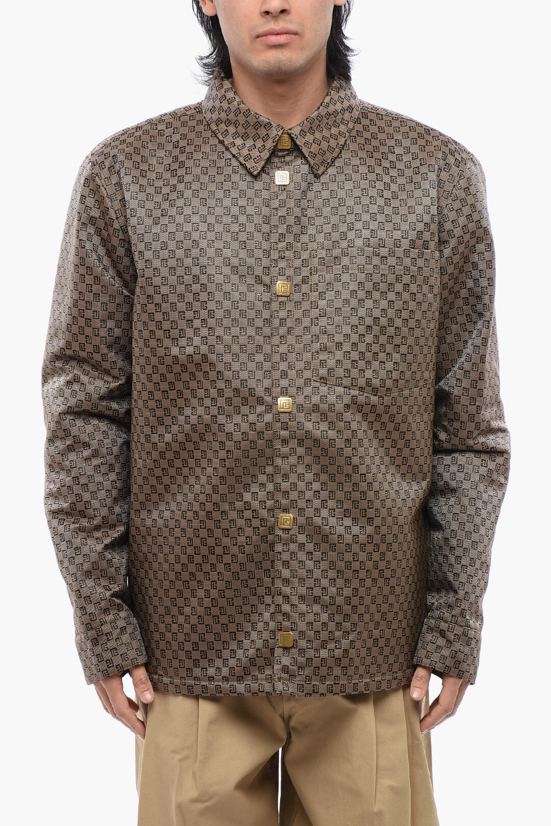 Balmain Monogram Fabric Quilted Overshirt with Breast-pocket men ...