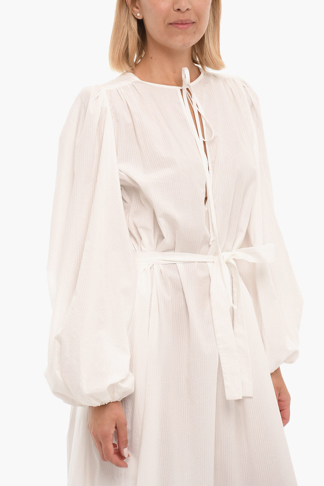 Le Petit Trou Organic Cotton ORME Tie Neck Dress with Leg-O-Mutton ...