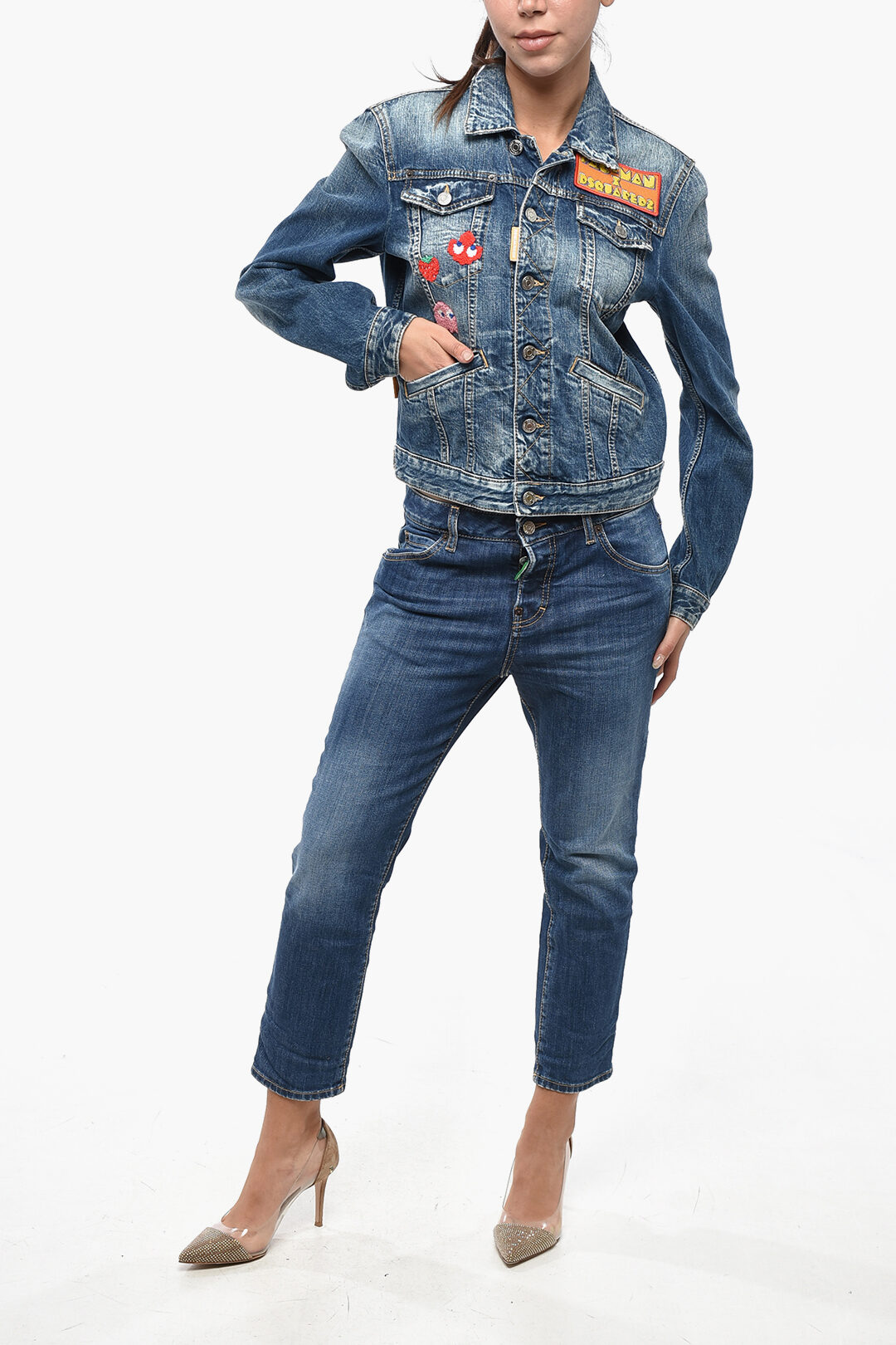 Dsquared2 PAC-MAN Denim Jacket BOYFRIEND JEAN with Patches women ...