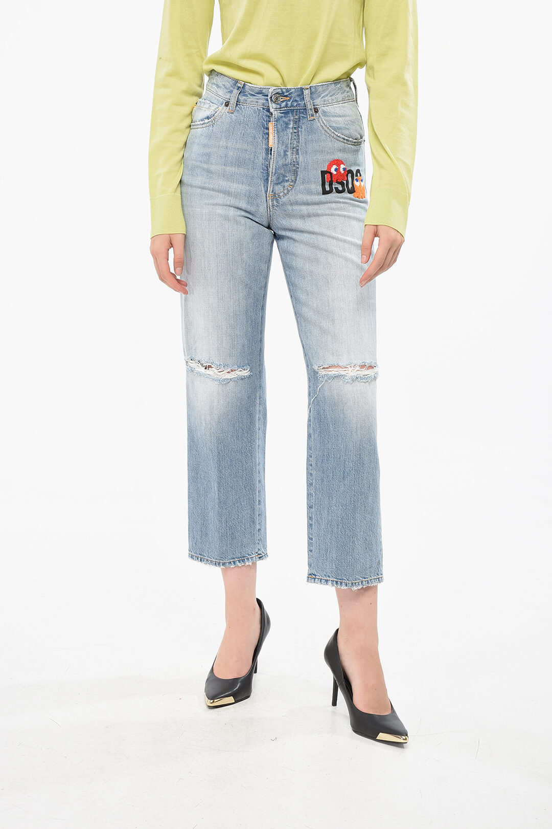 Dsquared2 PAC-MAN Wide Leg BOSTON Jeans with Distressed Detail 19cm ...