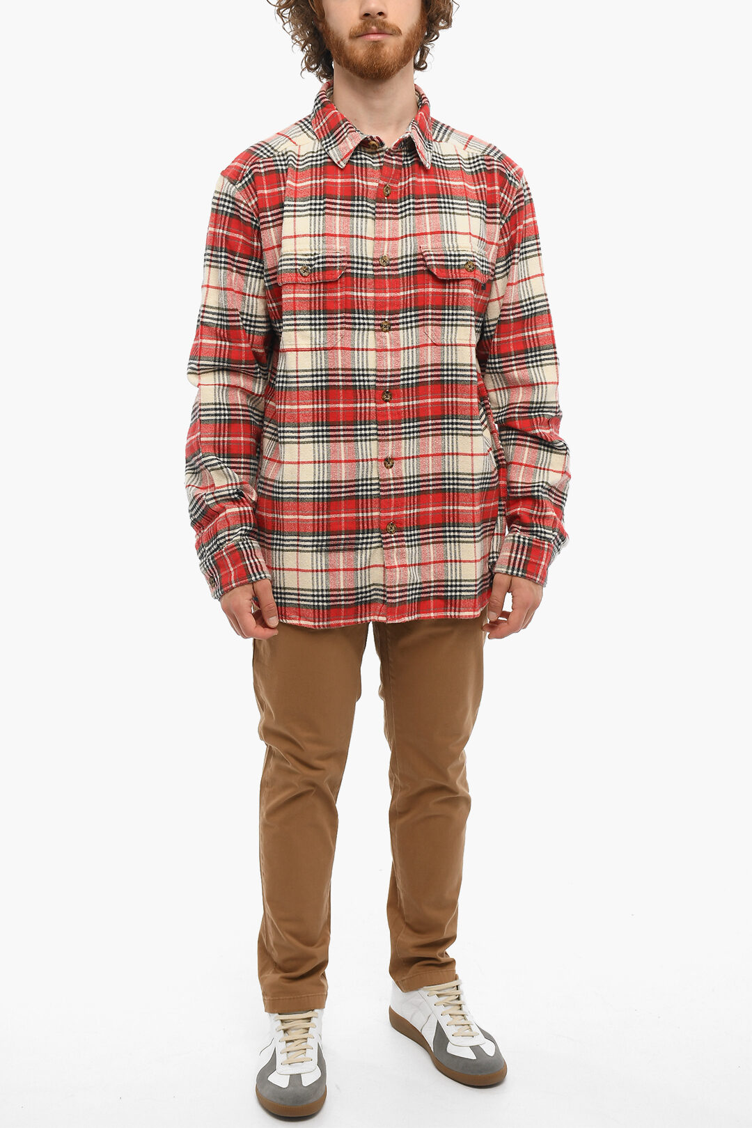 Woolrich Plaid Motif Cotton Flannel Shirt with Double Breast Pocket men ...