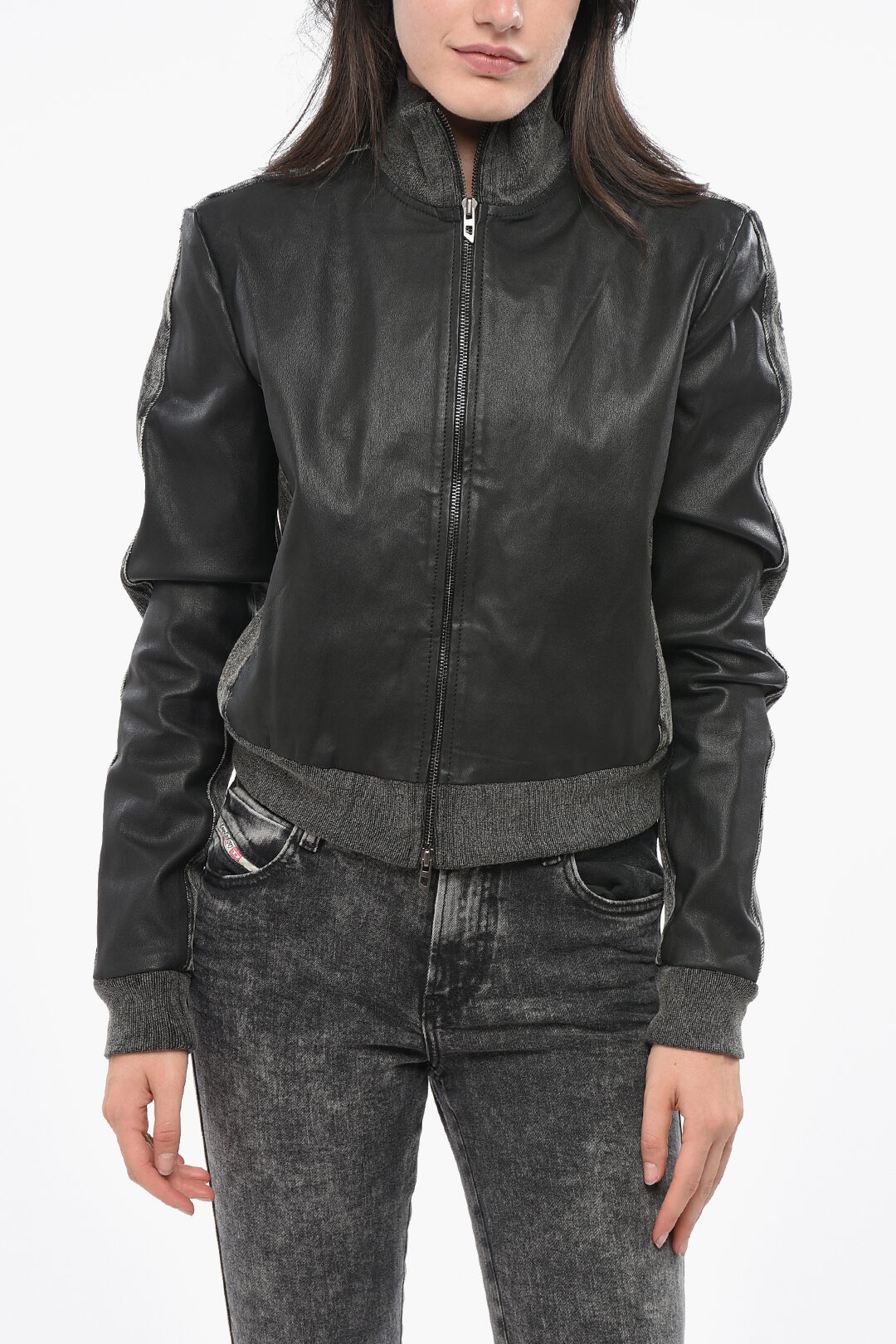 Diesel RED TAG Cropped Fit EADER Leather Bomber Jacket with Jersey ...