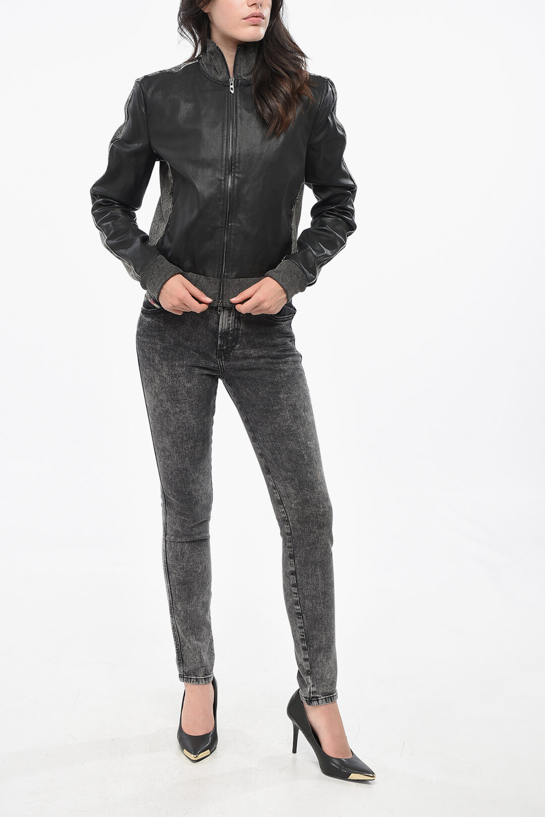 Diesel RED TAG Cropped Fit EADER Leather Bomber Jacket with Jersey ...