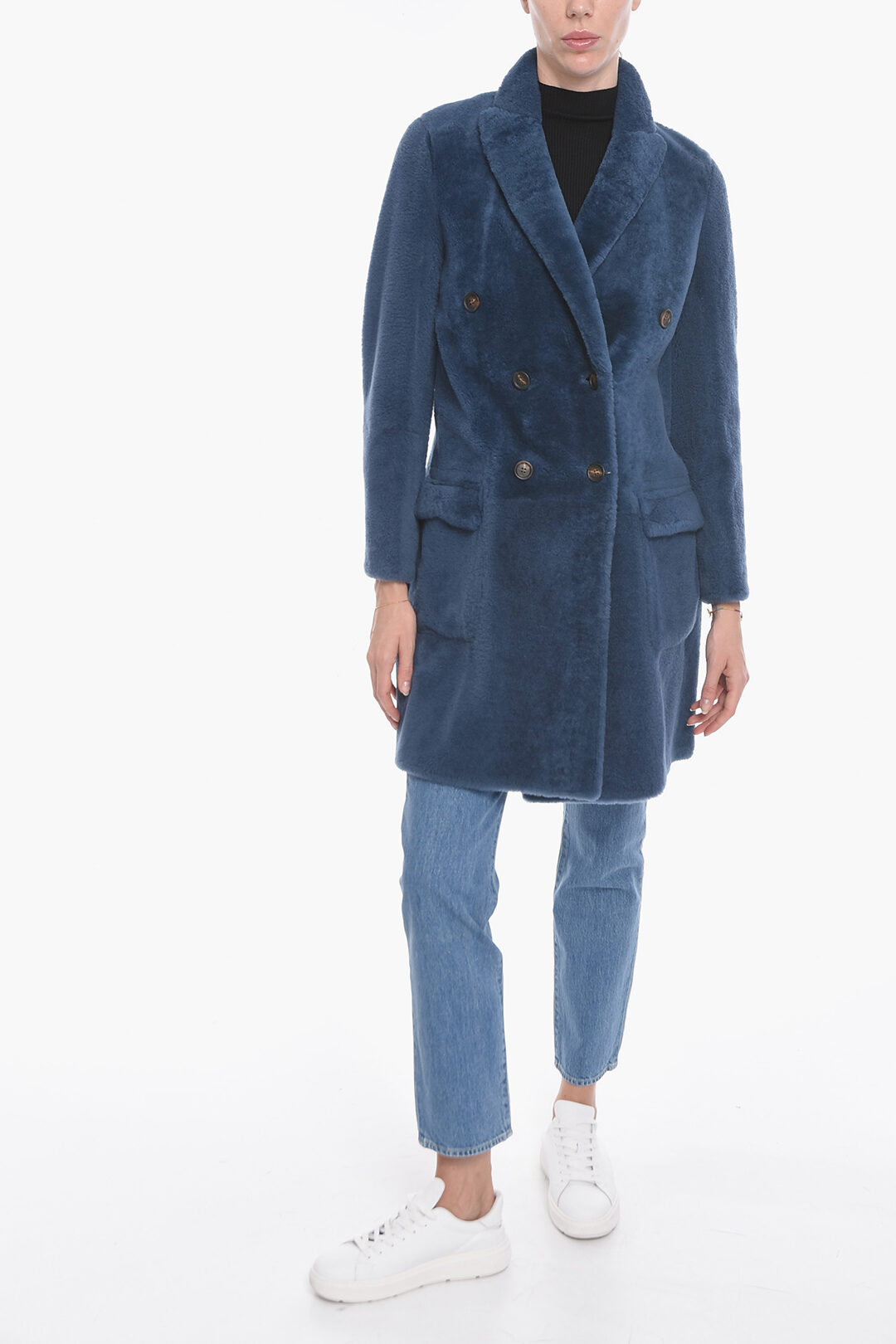 Brunello Cucinelli Sheepskin Fur Double-breasted Coat with Flap Pockets ...