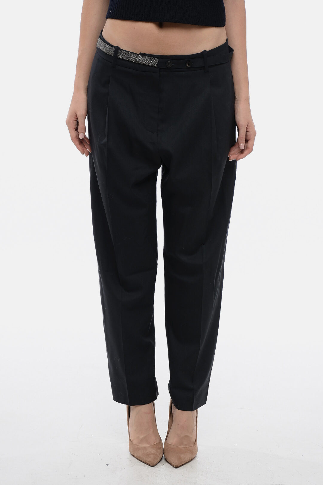 Fabiana Filippi Single-pleated Virgin Wool Pants with Jeweled Belt ...