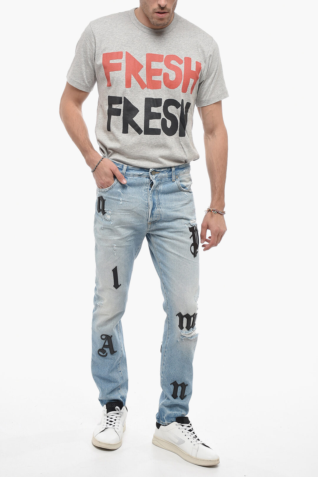Palm Angels Slim Fit BULL LOGO Denims with Leather Patches 16cm men ...