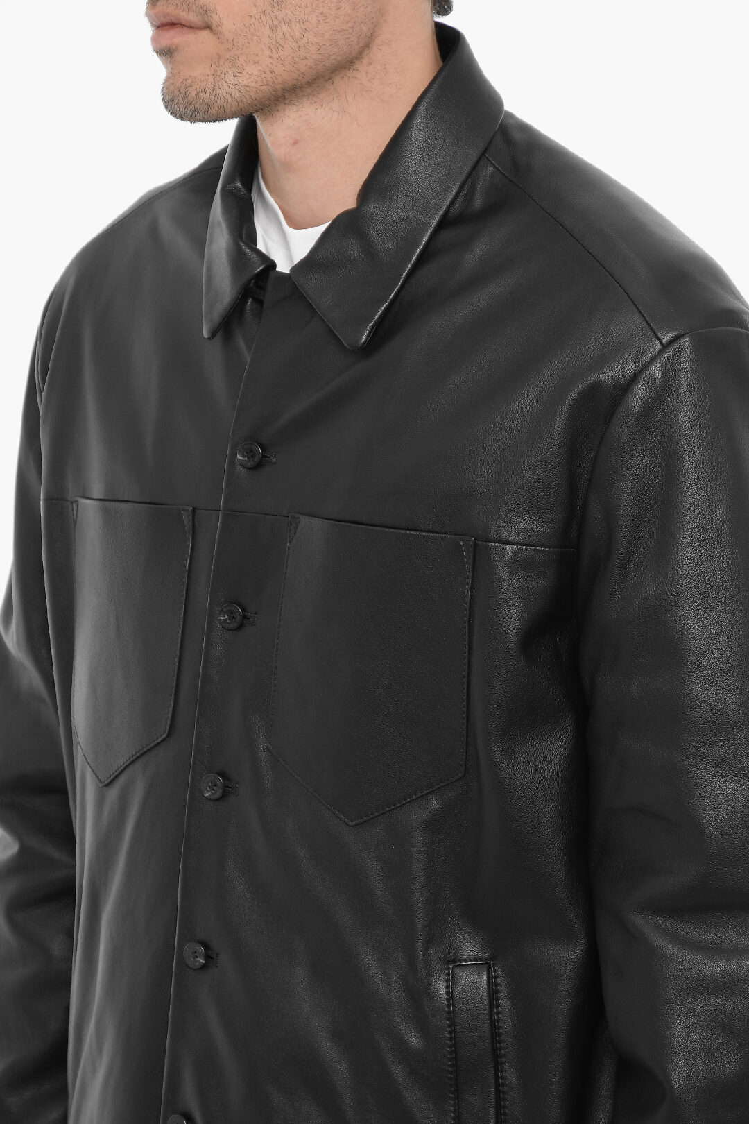 Neil Barrett Slim Fit Leather and Fabric Overshirt with Double Breast ...