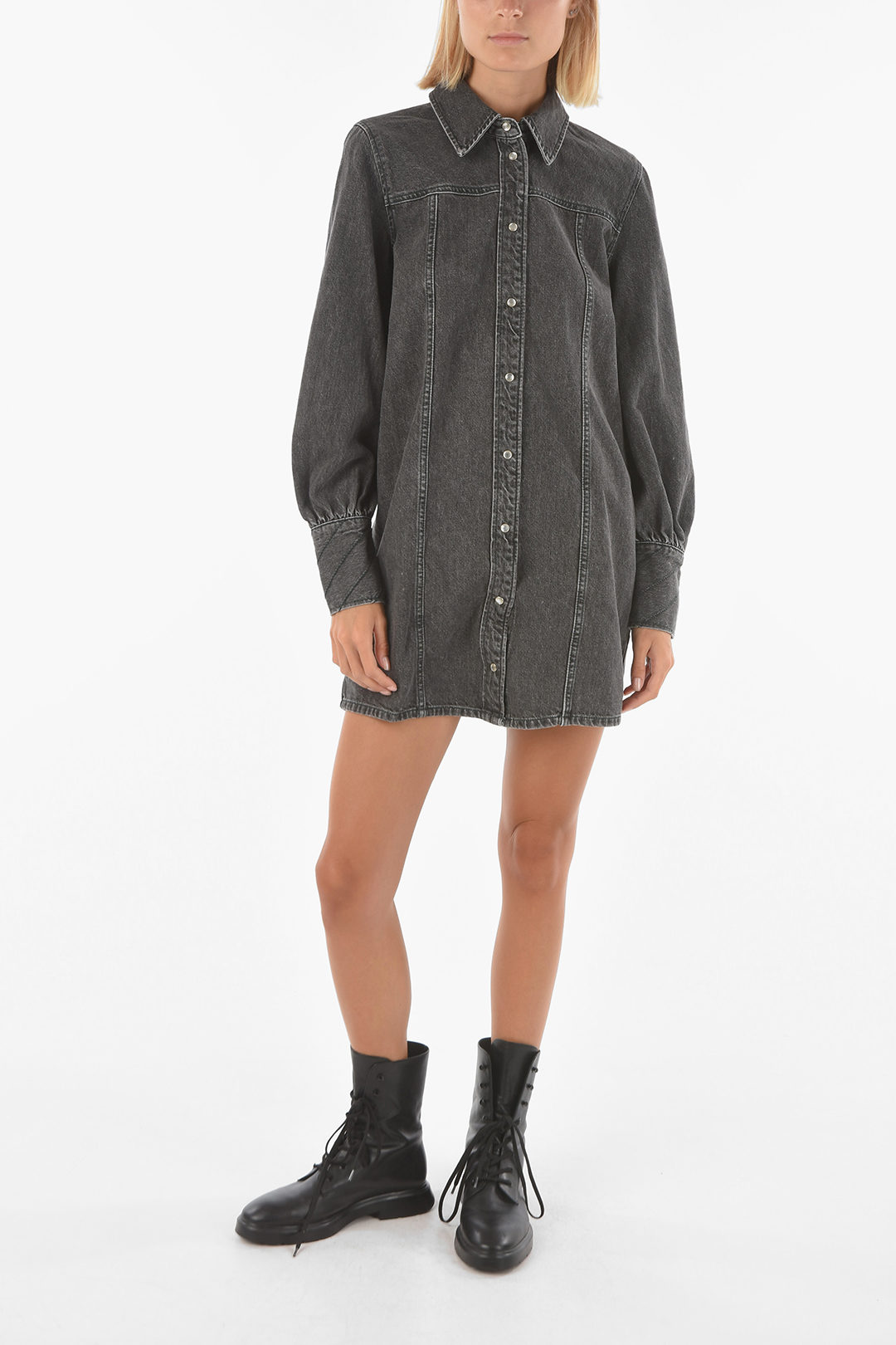 Ganni Snap Buttons Denim PROGRAM Mini Shirtdress women - Glamood Outlet