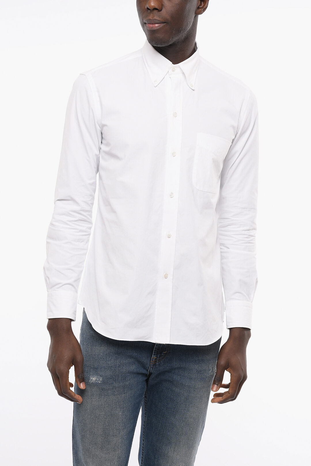 Salvatore Piccolo Solid Color Button-Down Collar Shirt with Breast ...