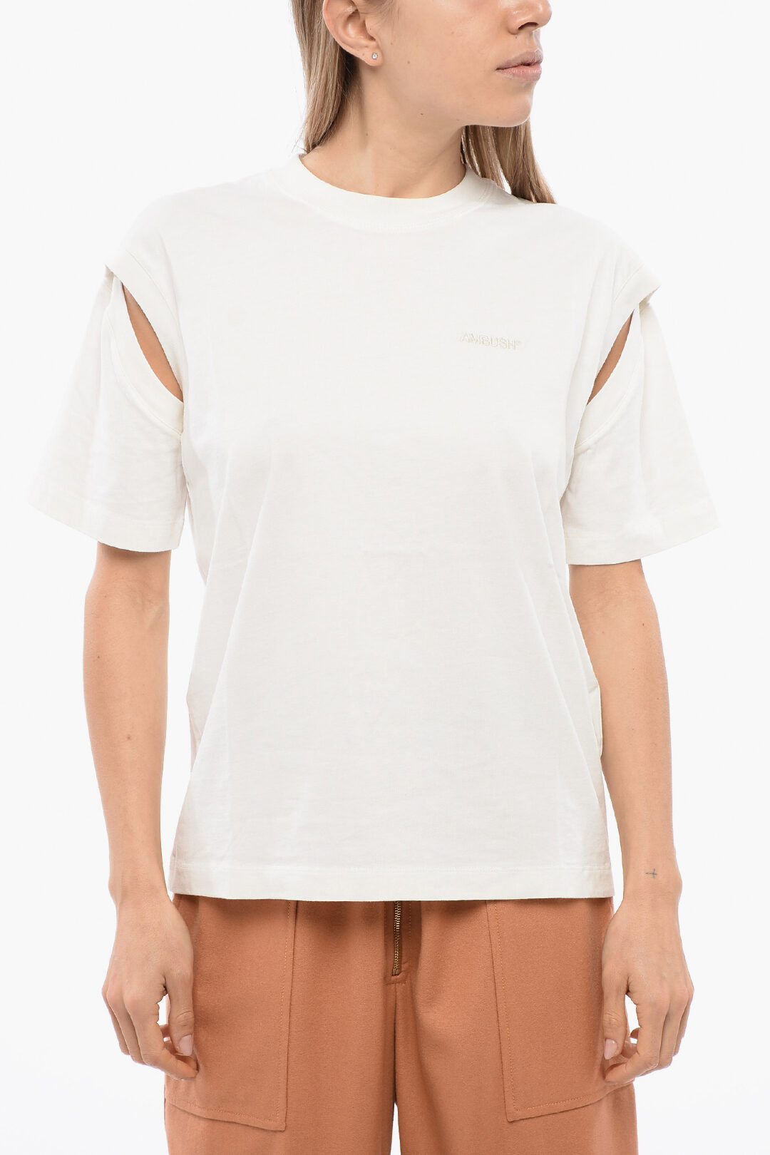 Ambush Solid Color Crew-neck T-Shirt with Cut-Out Details women ...