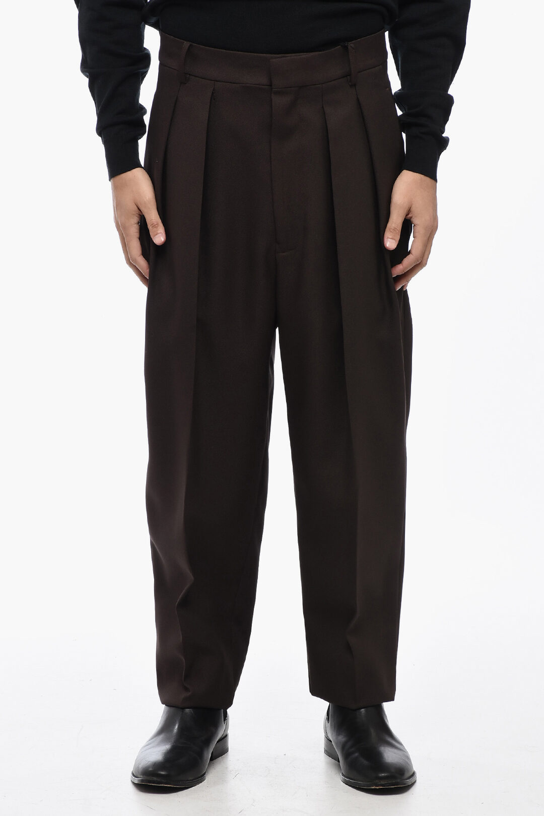 Random Identities Solid Color Double-Pleat Pants with Belt Loops men ...
