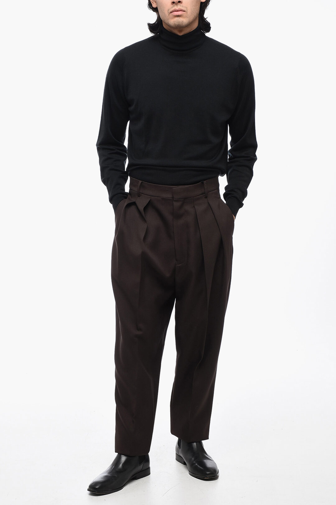 Random Identities Solid Color Double-Pleat Pants with Belt Loops men ...