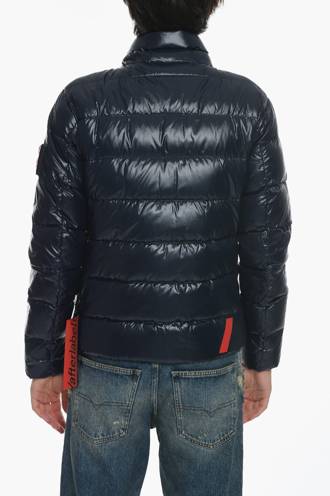 After Label Solid Color Down Jacket with Contrasting Logo Patch men ...